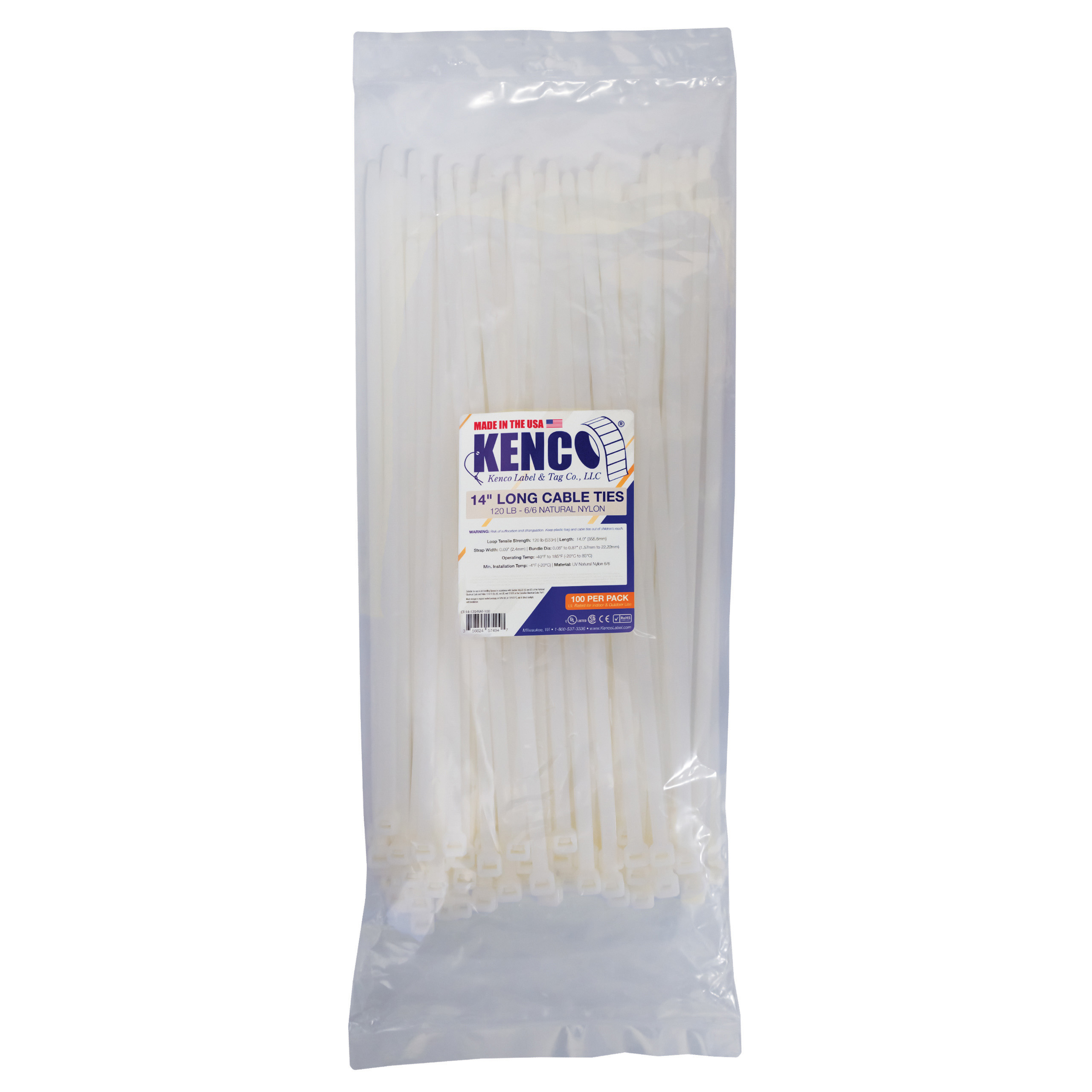 14" Long 120 lb Natural Nylon 6/6 Cable Ties (100 per pack)