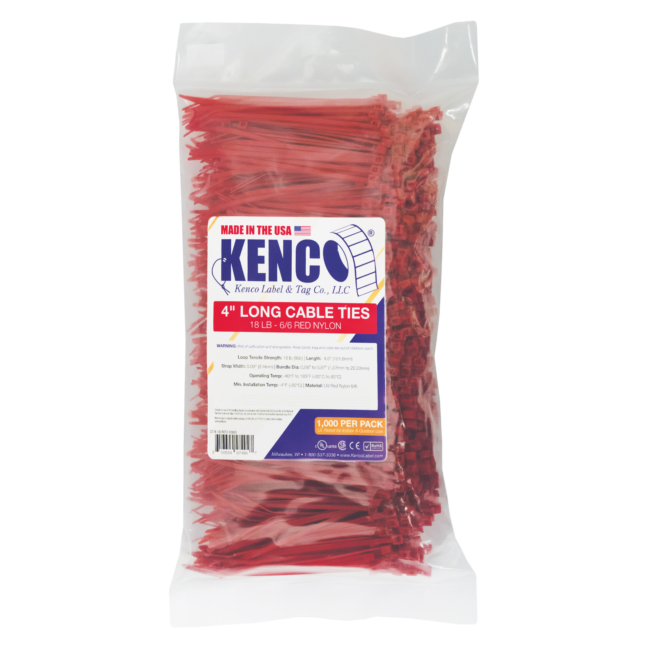4" Long 18 lb Red Nylon 6/6 Cable Ties (1000 per pack)