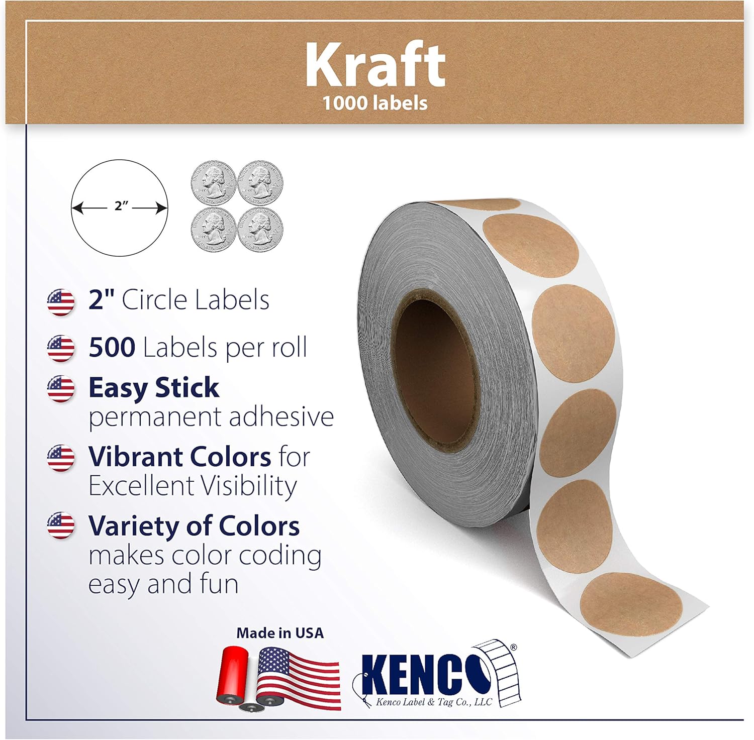 2" Kenco Color Coding Circle Labels - Kraft Paper